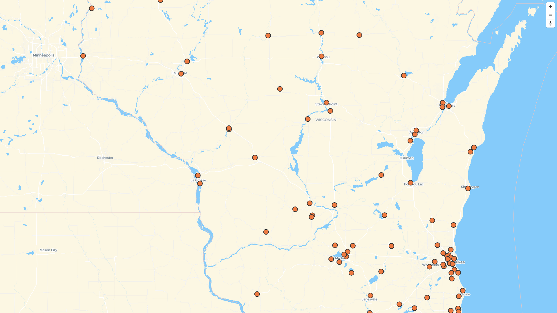 Map of KFC locations in Wisconsin, US | Mapstack