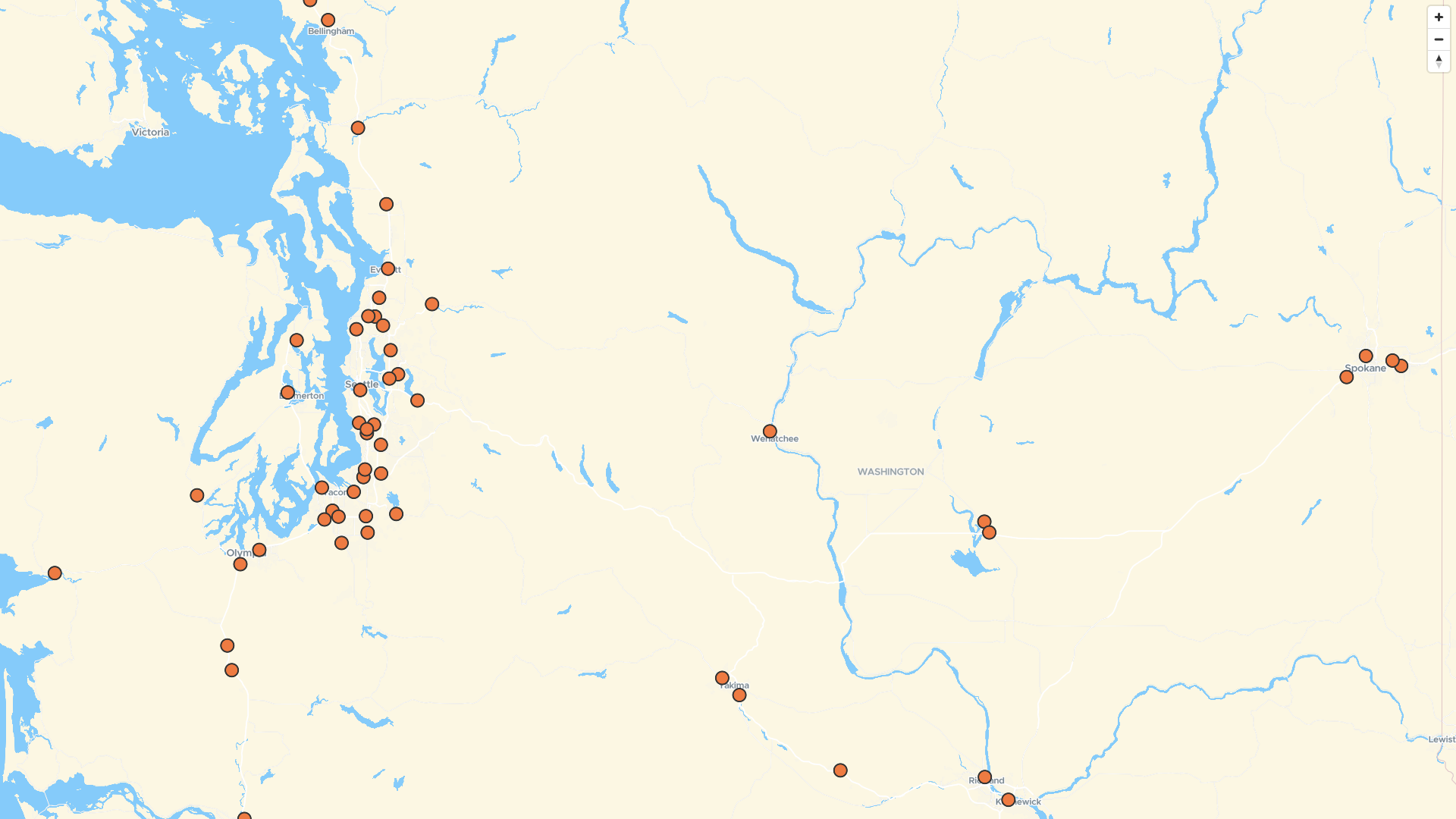 Map of Denny's locations in Washington, US | Mapstack