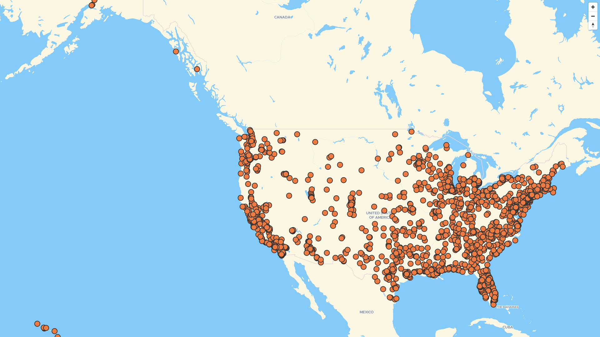 Map of Kingdom Hall Of Jehovah's Witnesses locations, US | Mapstack