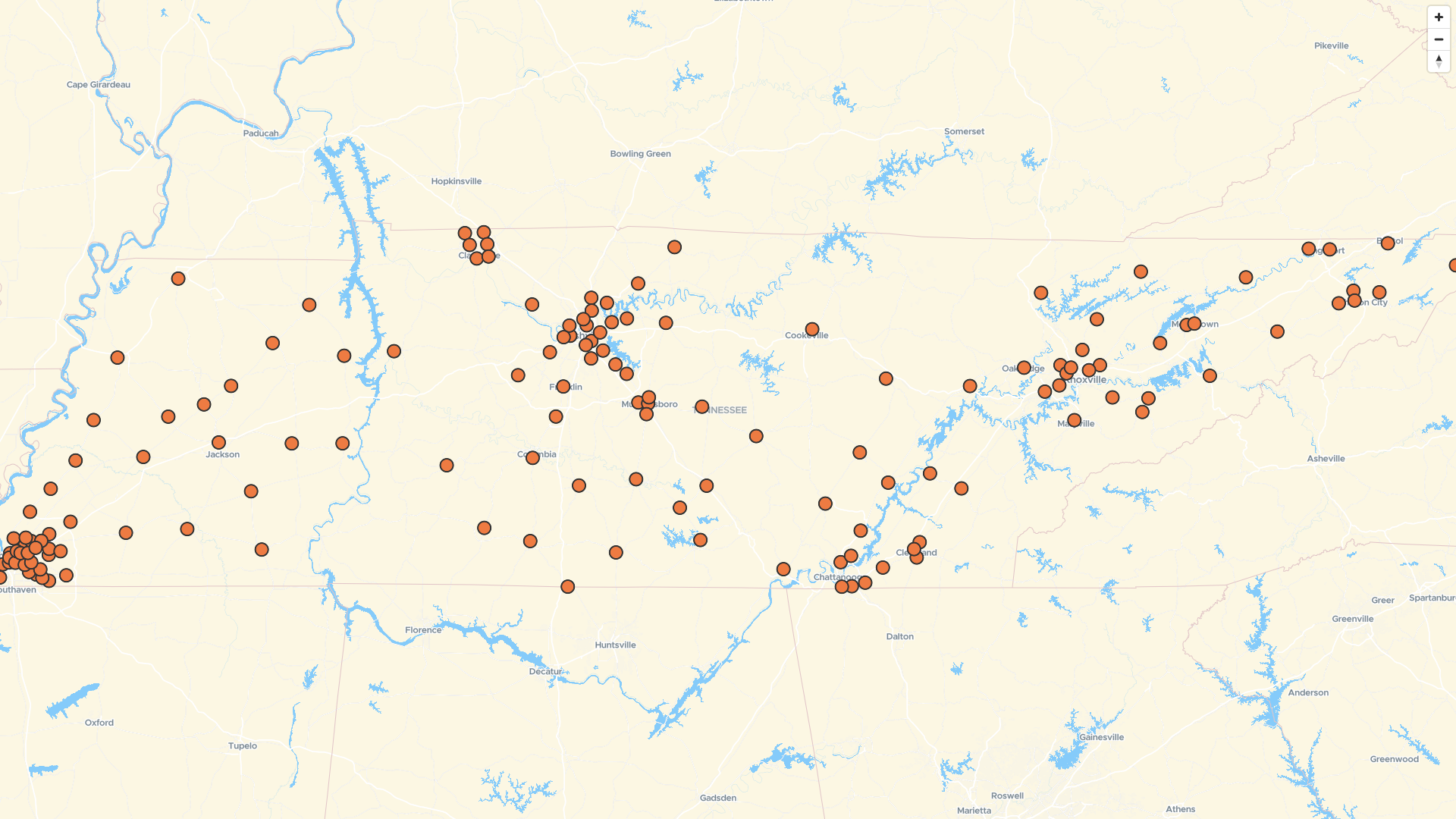 Map of AutoZone locations in Tennessee, US | Mapstack