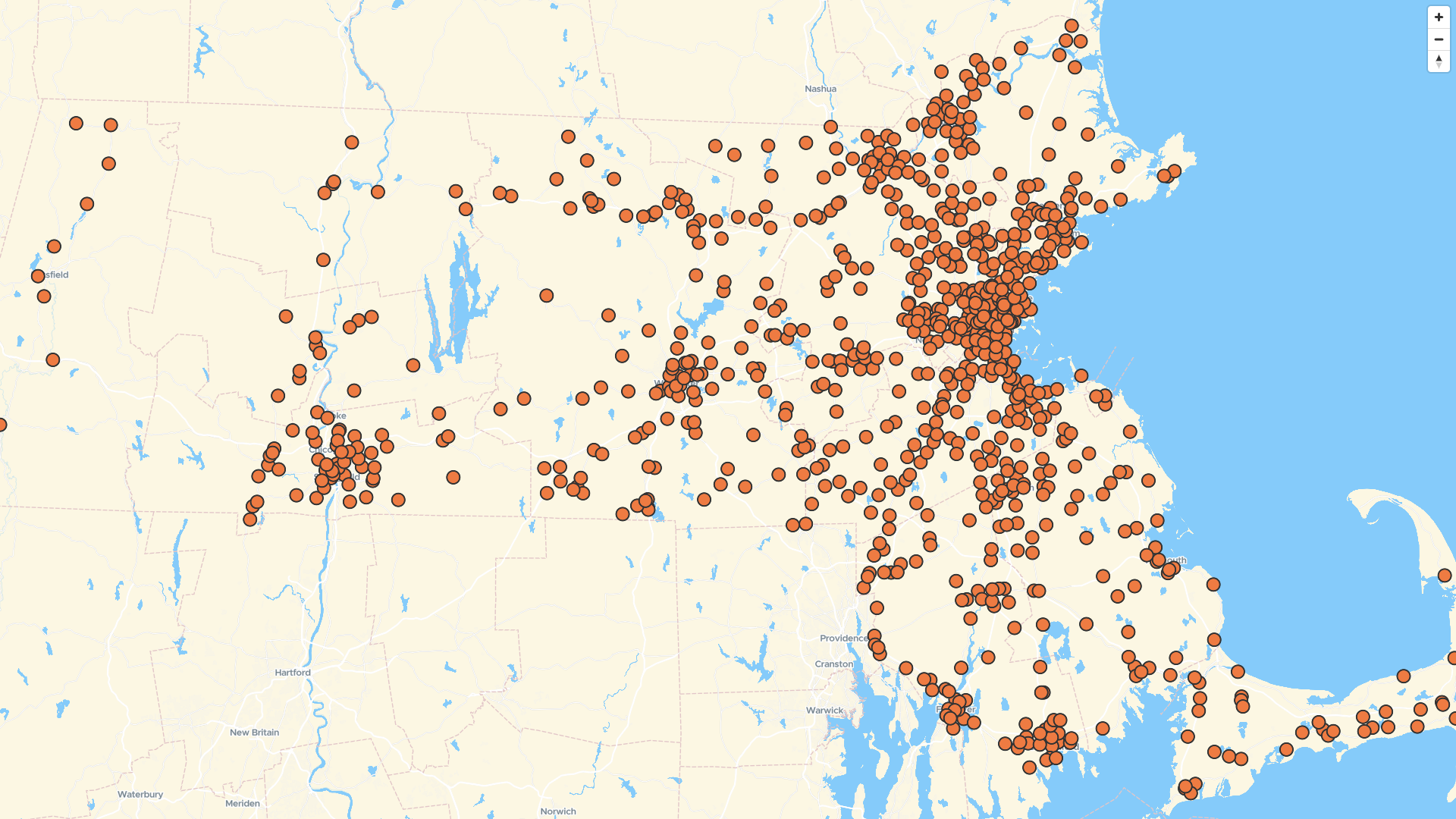 Map of Dunkin' locations in Massachusetts, US | Mapstack