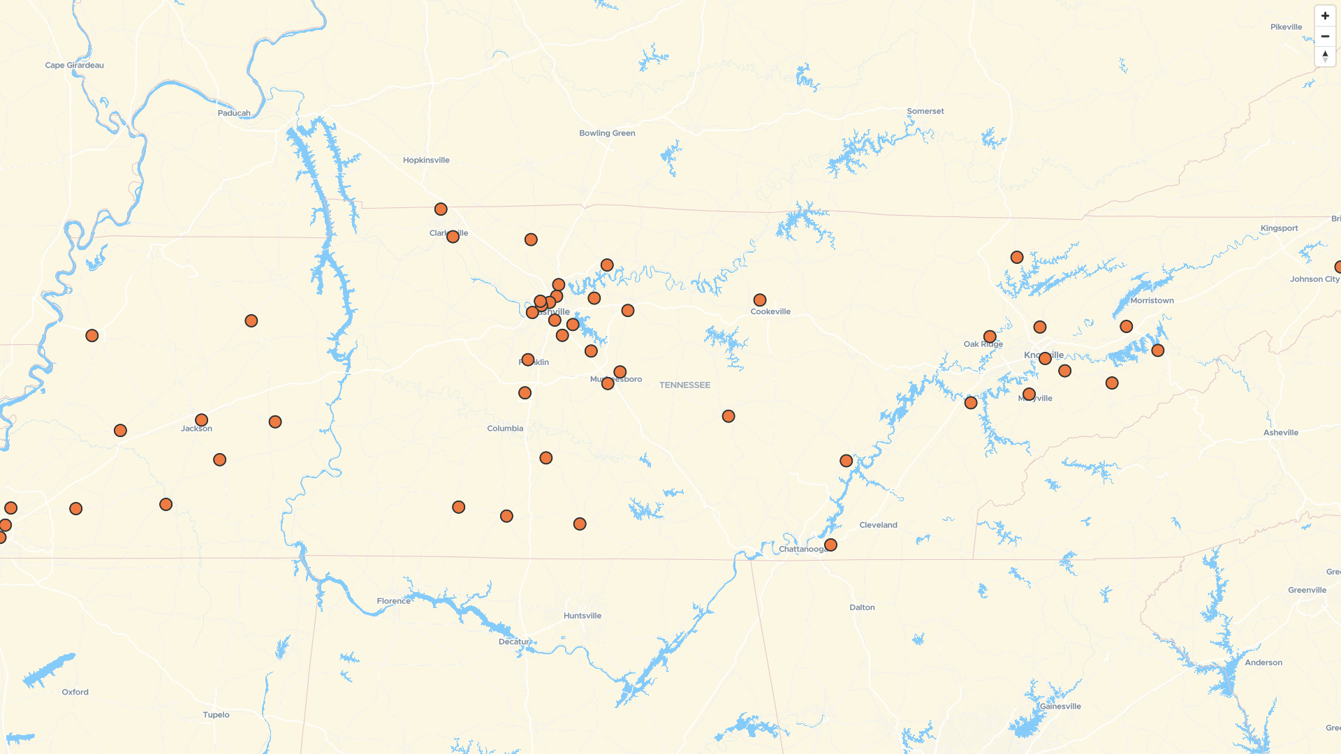 Map of Kingdom Hall Of Jehovah's Witnesses locations in Tennessee, US ...