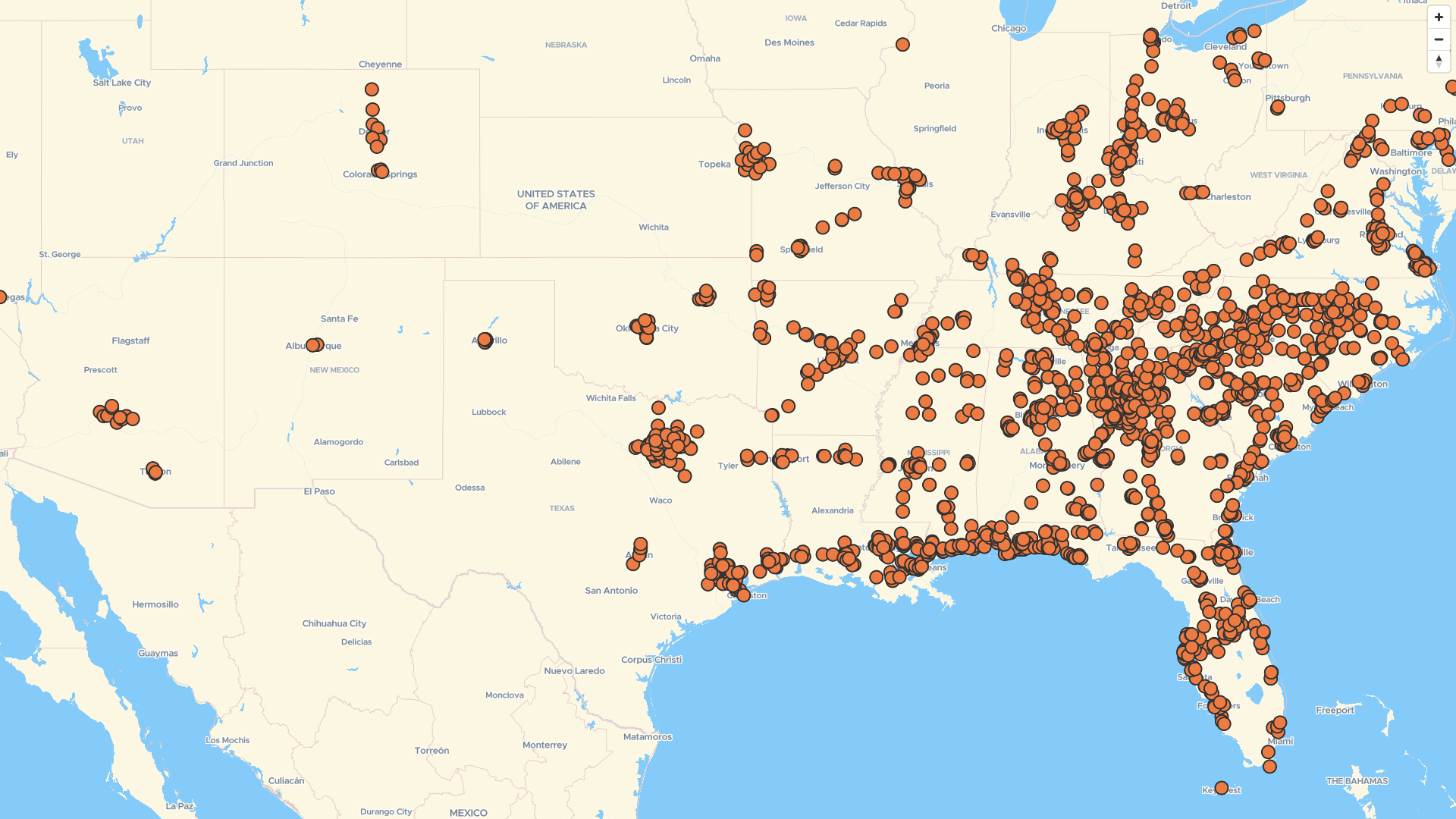 Map of Waffle House locations, US | Mapstack